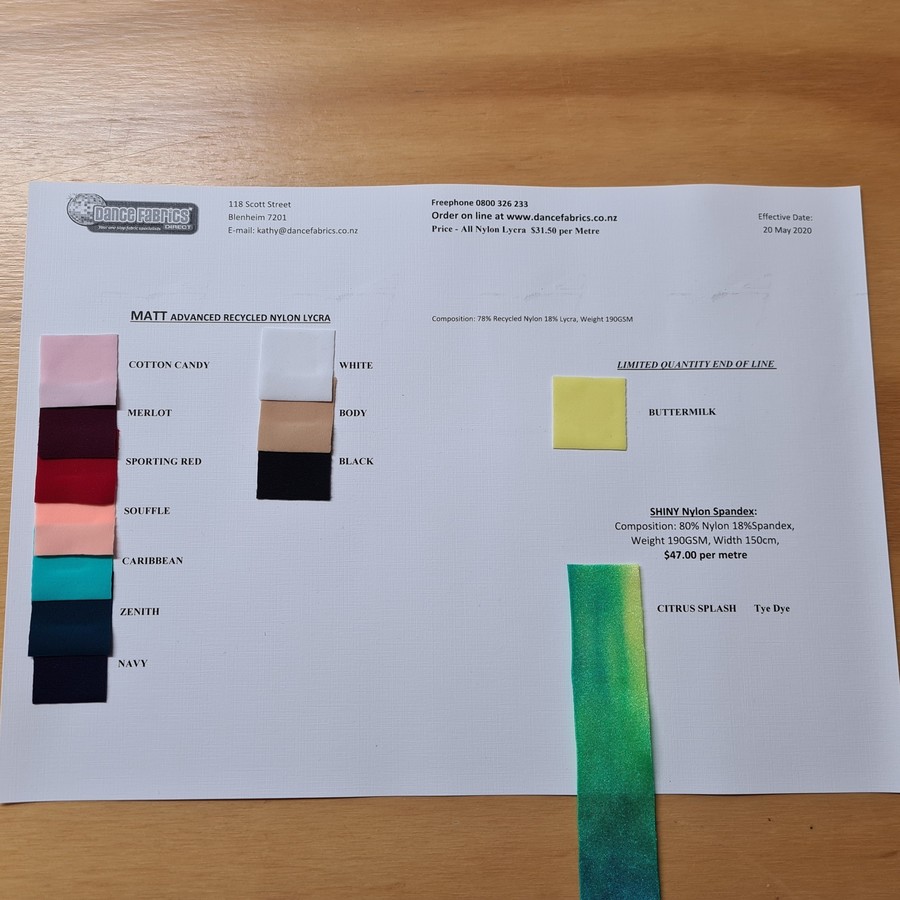 first grade nylon lycra sample chart